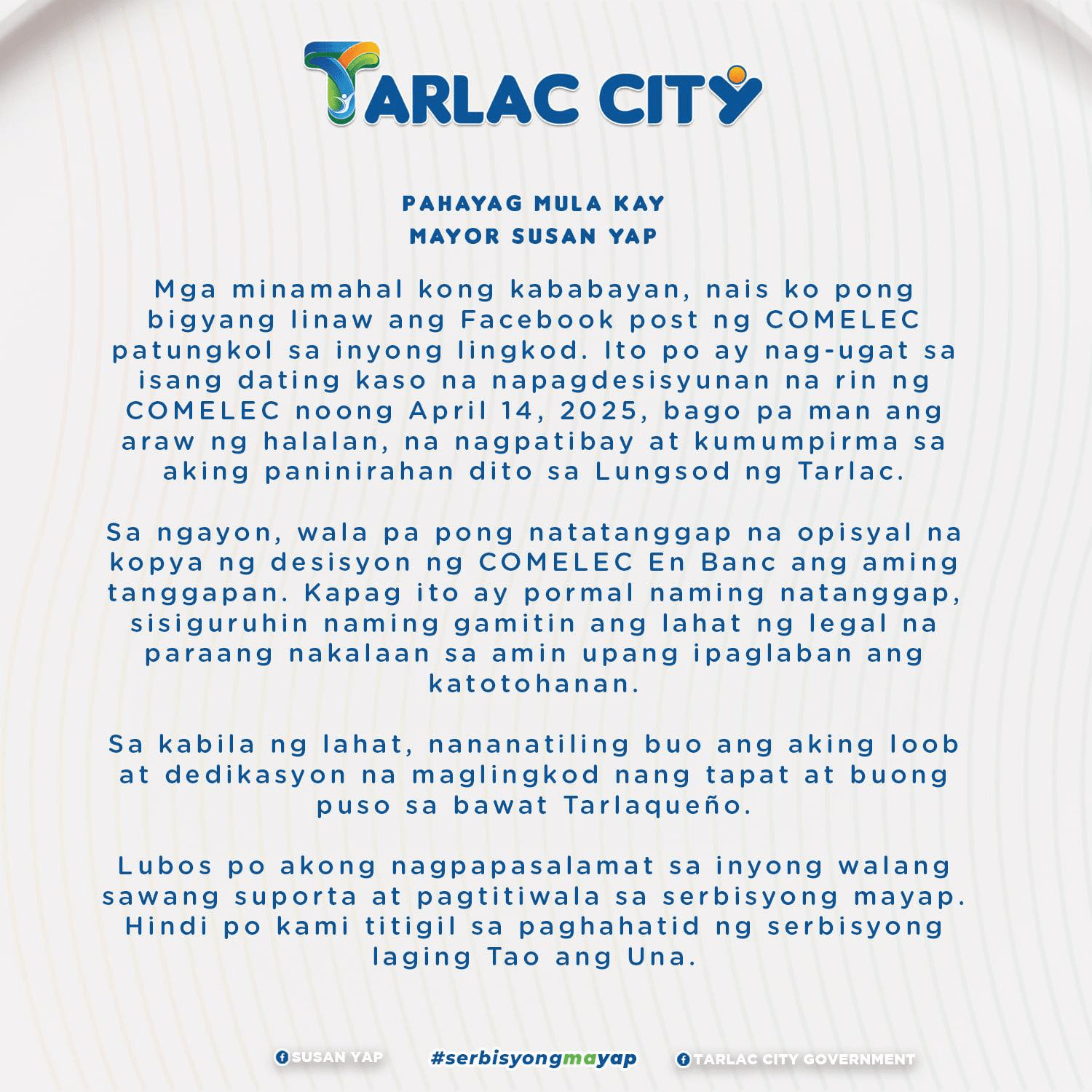 Tarlac City Mayor Susan Yap-Sulit, disqualified sa posisyon: Comelec